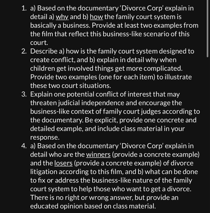1. a) Based on the documentary 'Divorce Corp' explain | Chegg.com