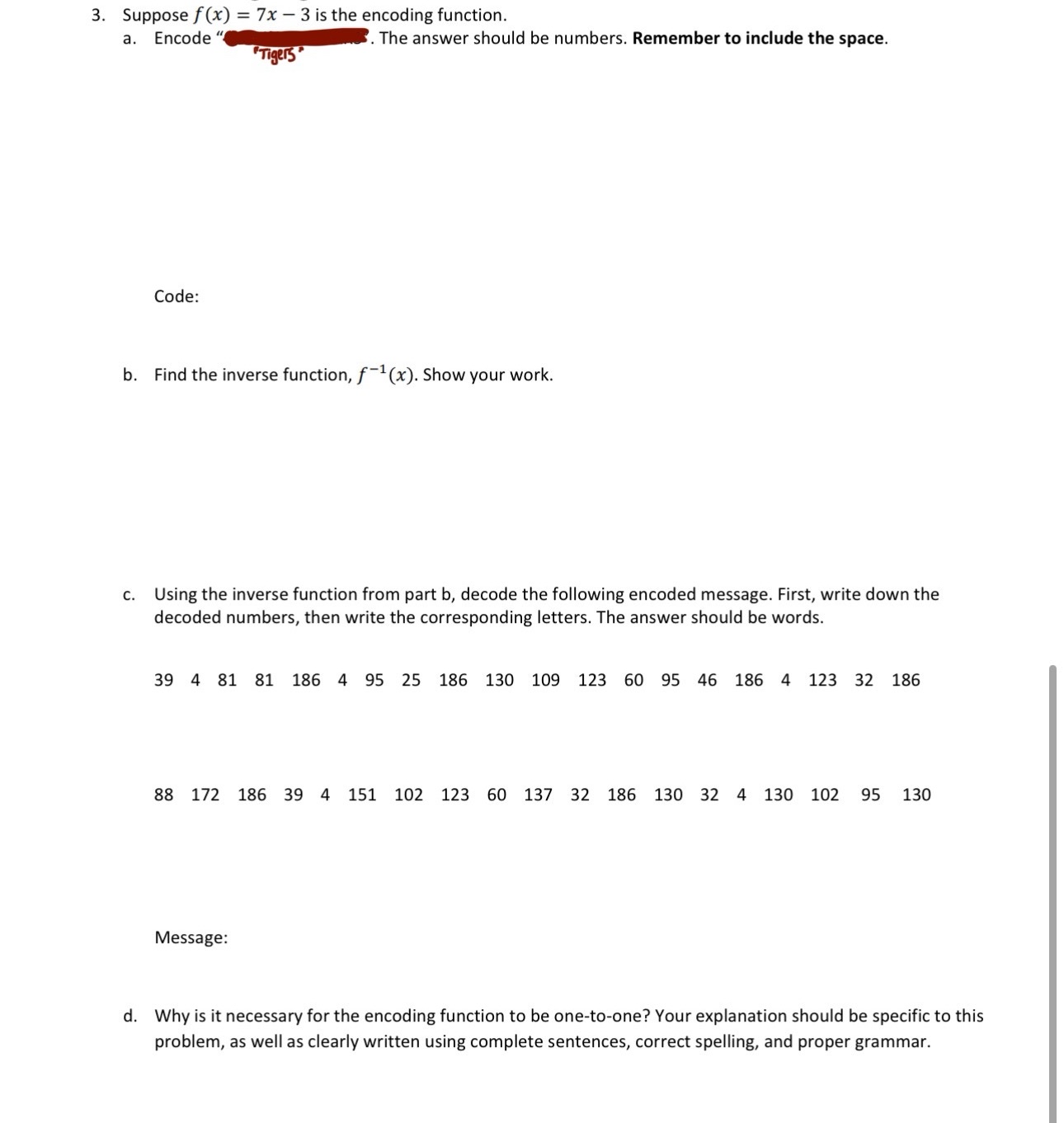 Solved Suppose f(x)=7x-3 ﻿is the encoding function.a. | Chegg.com