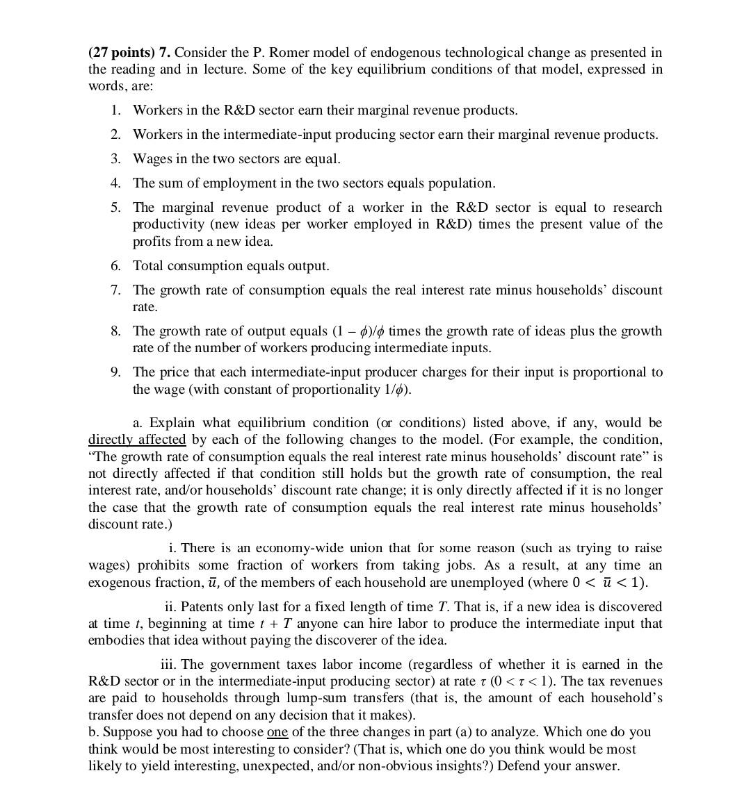 Solved (27 points) 7. Consider the P. Romer model of | Chegg.com
