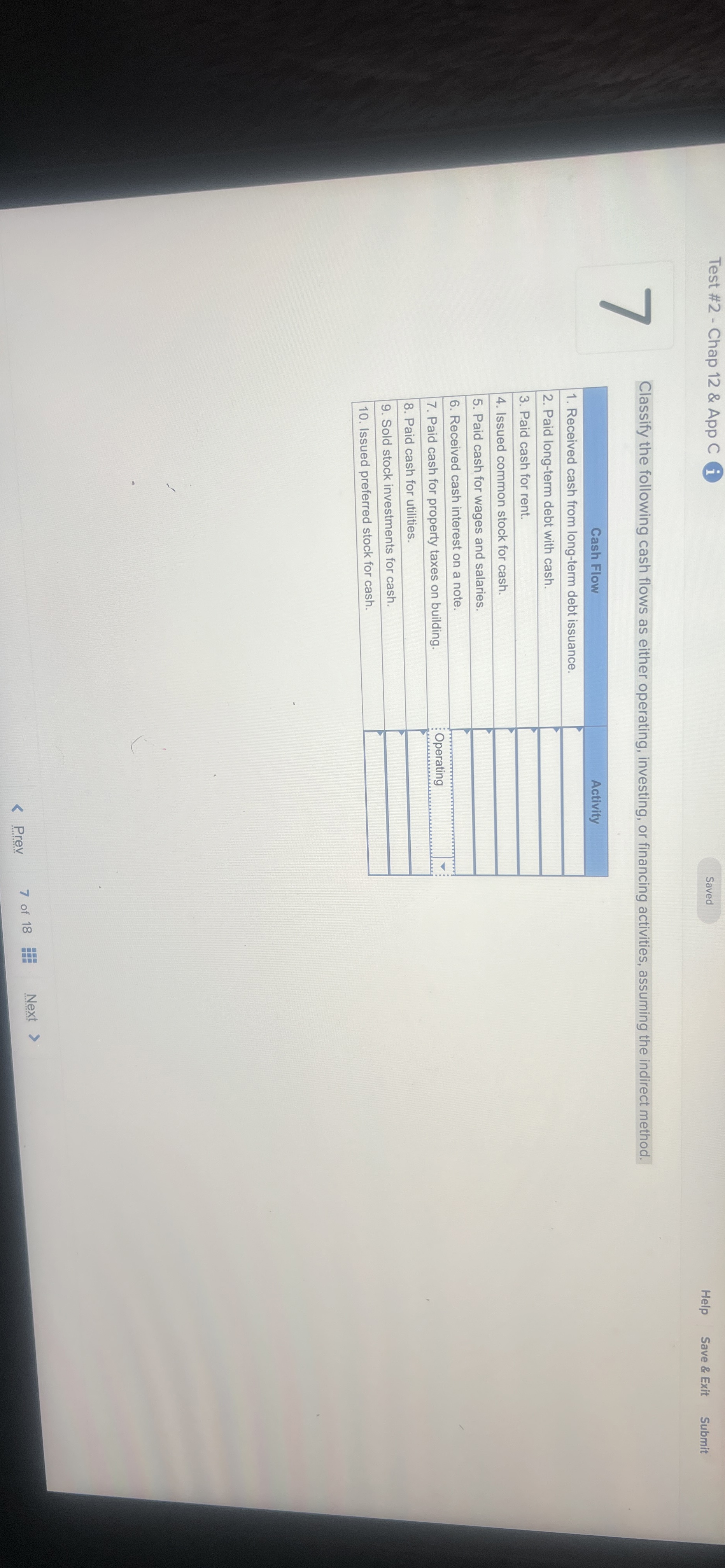 Solved Test #2 - ﻿Chap 12 ﻿& App C (i)SavedHelpSave & | Chegg.com