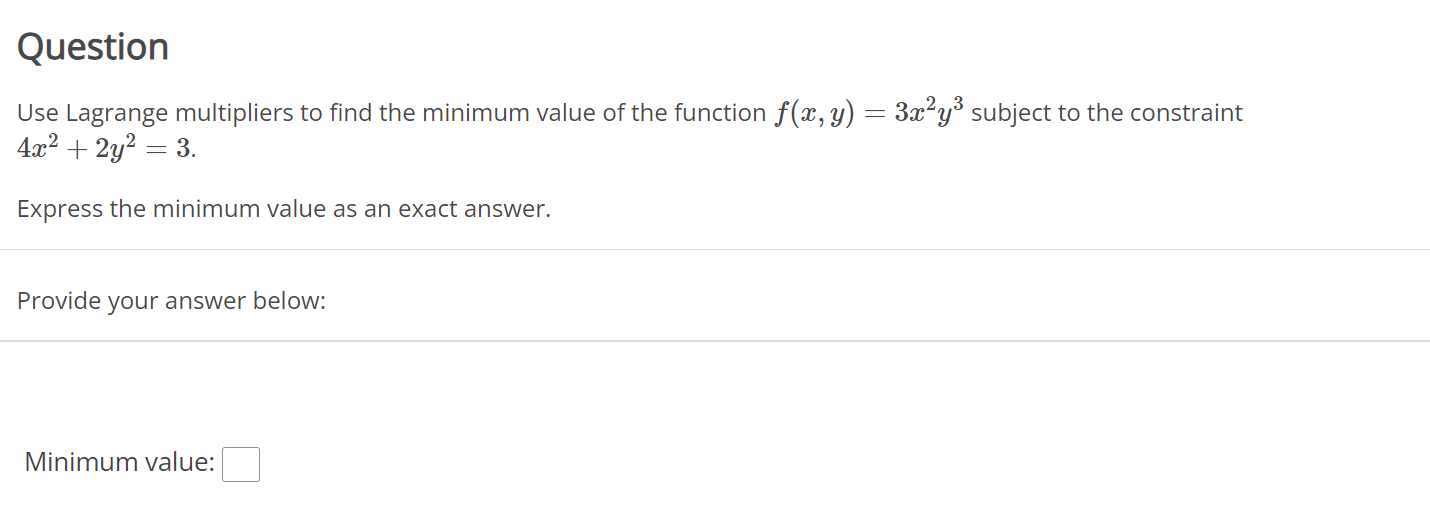 Solved QuestionUse Lagrange multipliers to find the minimum | Chegg.com