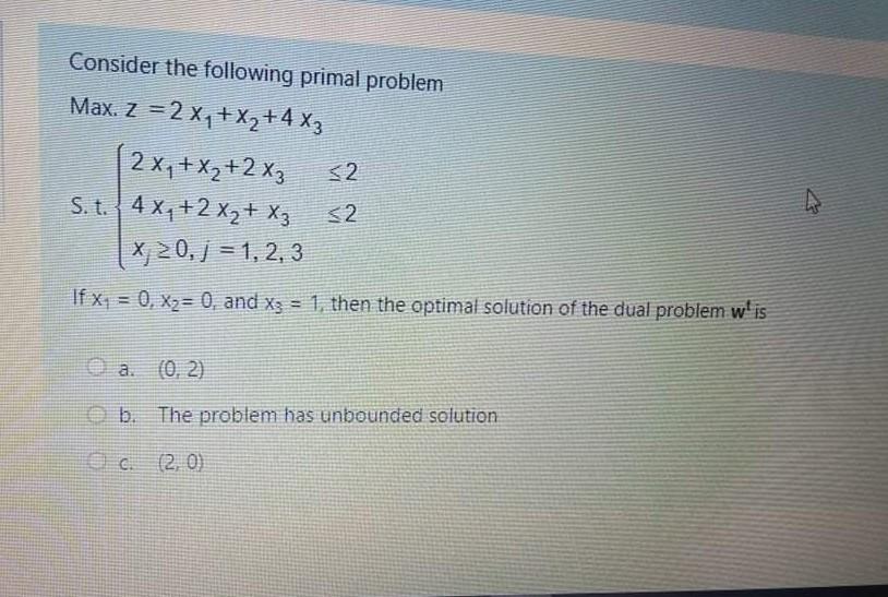 Solved Consider the following primal problem Max. Z = 2 | Chegg.com