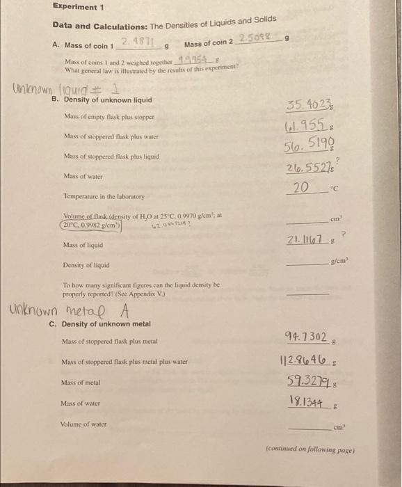 Solved 9 g Mass of coin 2 25088 Experiment 1 Data and | Chegg.com