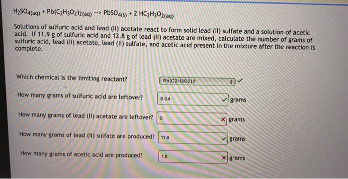 Solved H2SO4(aq) + Pb(C2H302)2(aq) -> PbSO4(s) + 2 HC2H302 | Chegg.com