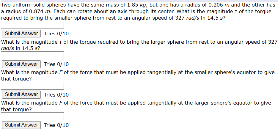 Solved Two uniform solid spheres have the same mass of | Chegg.com