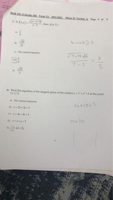 Solved Math 201. Calculus II Term 2020202022 Maio Il Version | Chegg.com