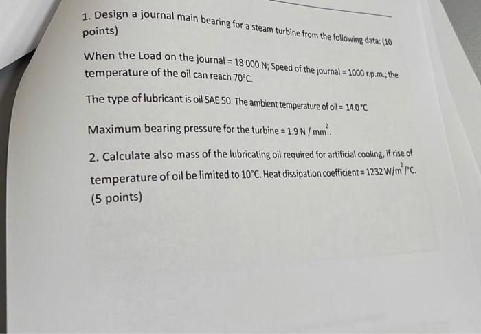 Solved 1. Design a journal main bearing for a steam turbine | Chegg.com
