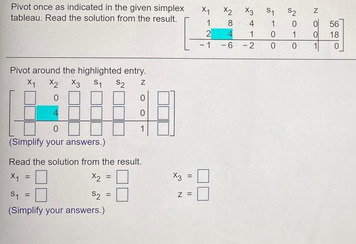 Solved Pivot once as indicated in the given simplex tableau. | Chegg.com