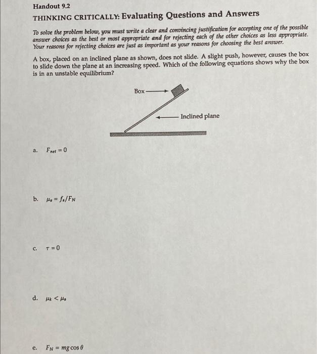 Solved Handout 9.2 THINKING CRITICALLY: Evaluating Questions | Chegg.com