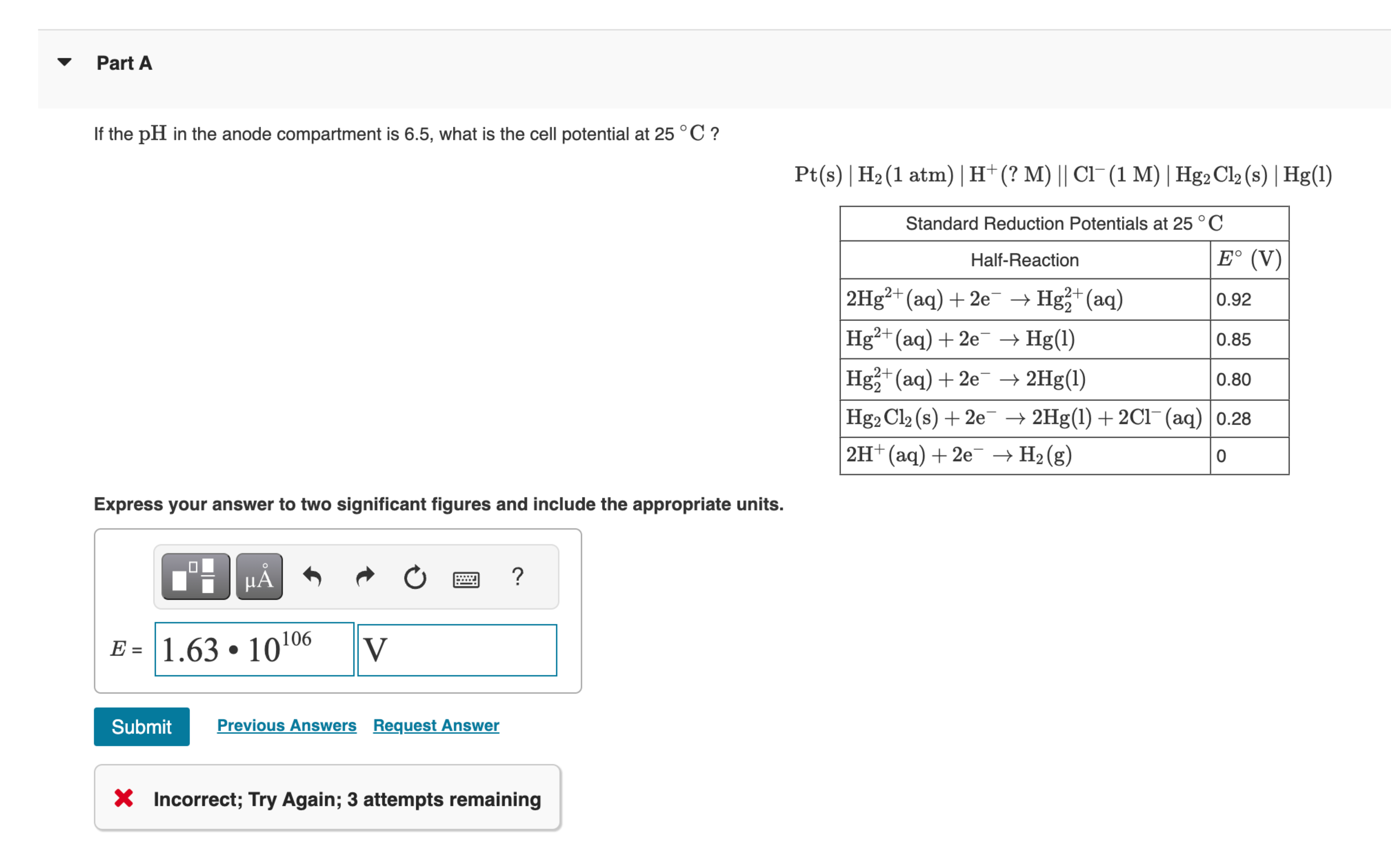 Solved Part AIf the pH ﻿in the anode compartment is 6.5 , | Chegg.com