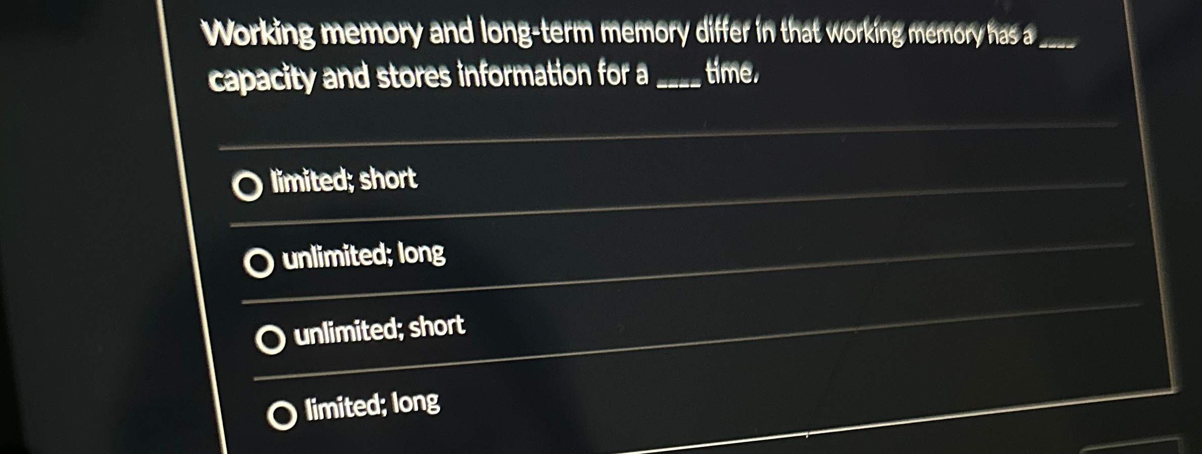 Solved Working memory and long-term memory differ in that | Chegg.com