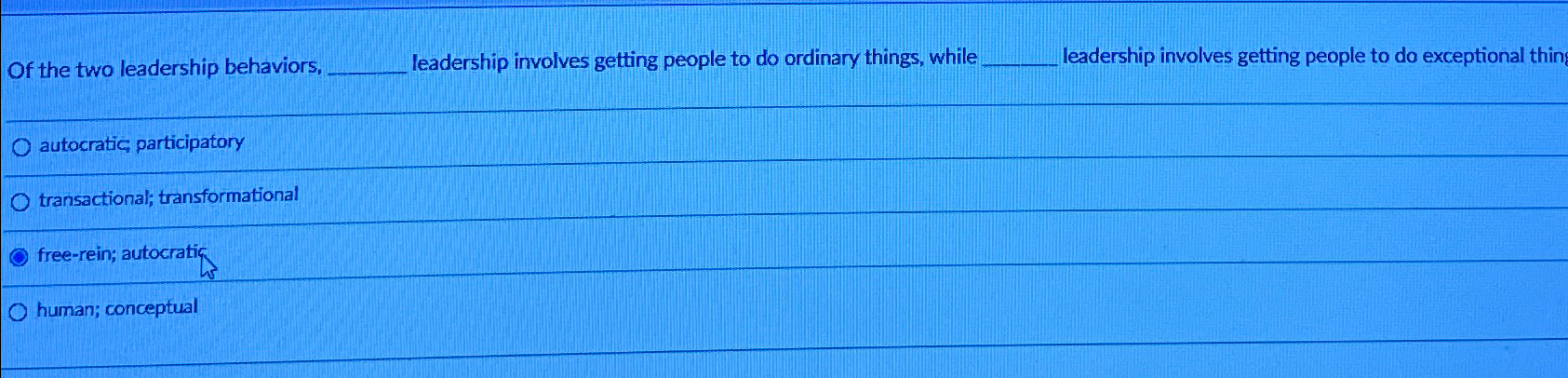 Solved Of the two leadership behaviors, leadership involves | Chegg.com