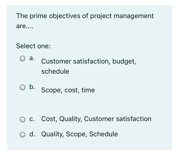 Solved The prime objectives of project management are.... | Chegg.com