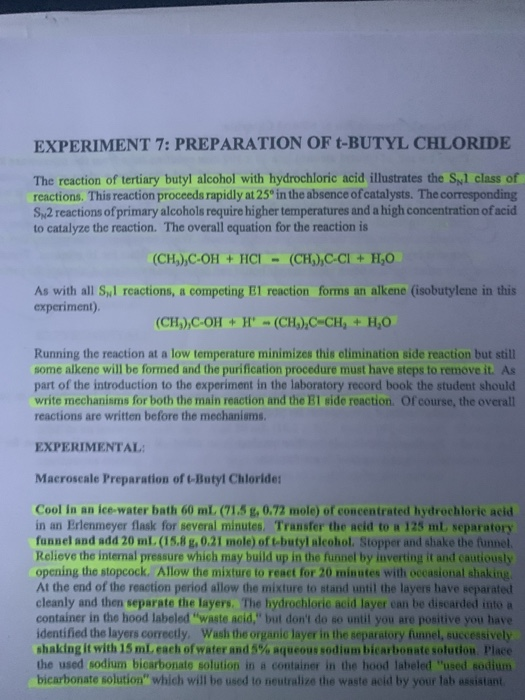 Solved EXPERIMENT 7: PREPARATION OF T-BUTYL CHLORIDE The | Chegg.com