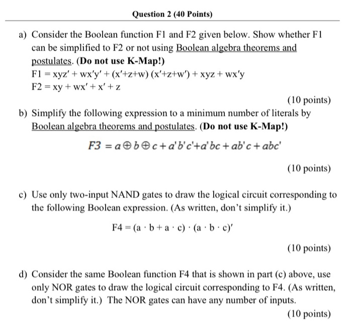 Solved Question 2 (40 Points) a) Consider the Boolean | Chegg.com