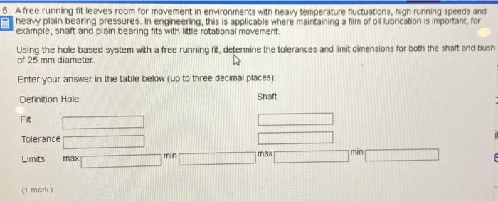 Solved 5. A free running fit leaves room for movement in | Chegg.com