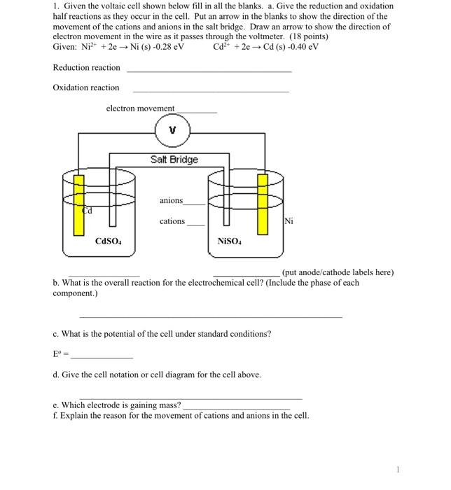 Solved 1. Given the voltaic cell shown below fill in all the | Chegg.com