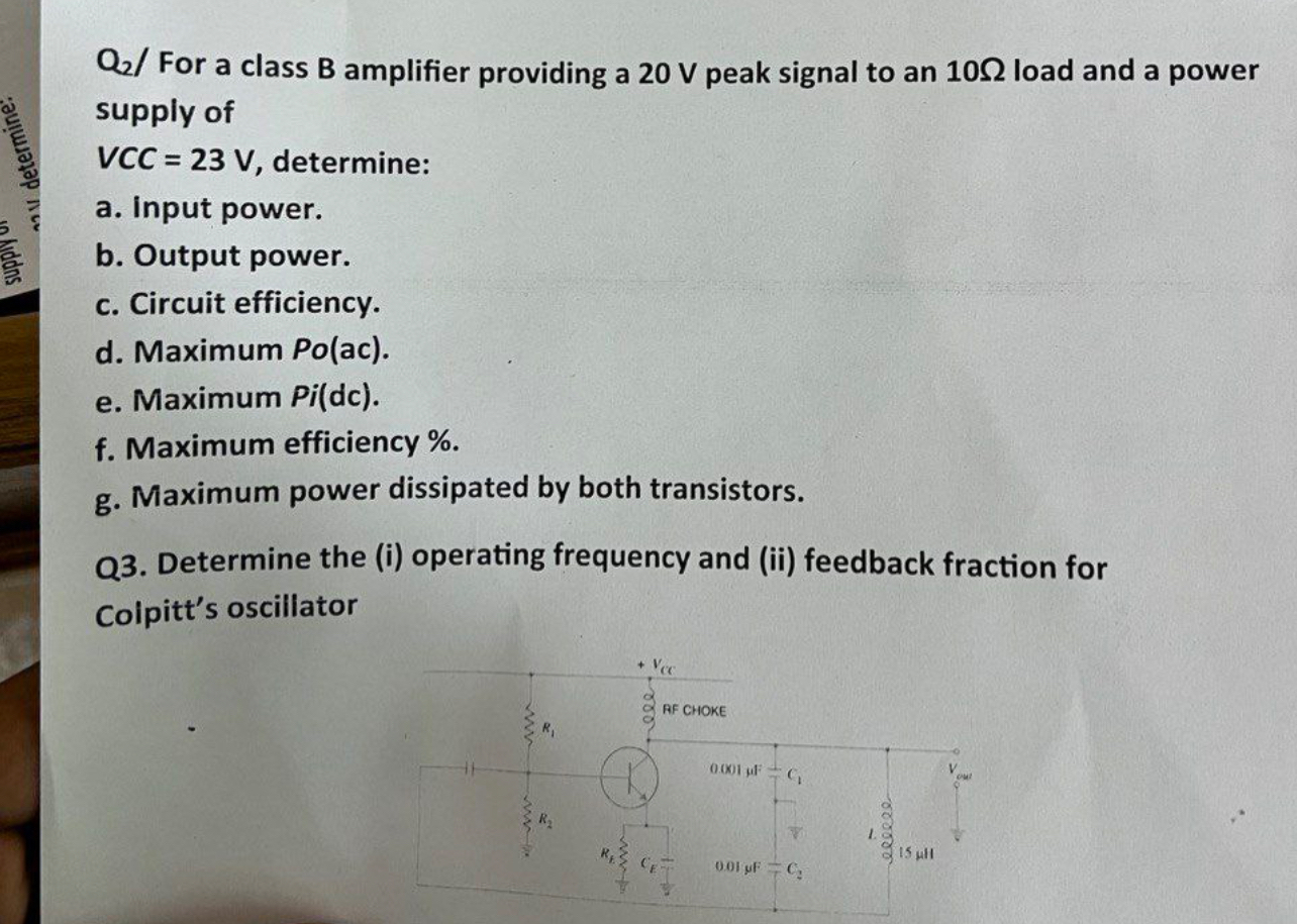 Solved Q2 / ﻿For a class B amplifier providing a 20V ﻿peak | Chegg.com