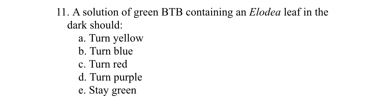 Solved A solution of green BTB containing an Elodea leaf in | Chegg.com