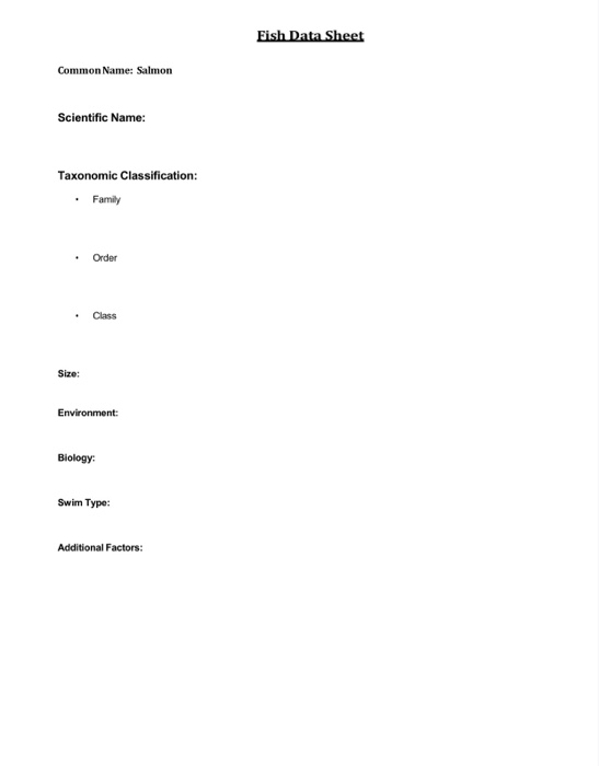 Solved Fish Data Sheet Common Name: Salmon Scientific Name: | Chegg.com