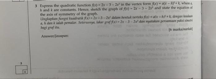 Solved 3 Express the quadratic function f(x)=2x−3−2x2 in the | Chegg.com