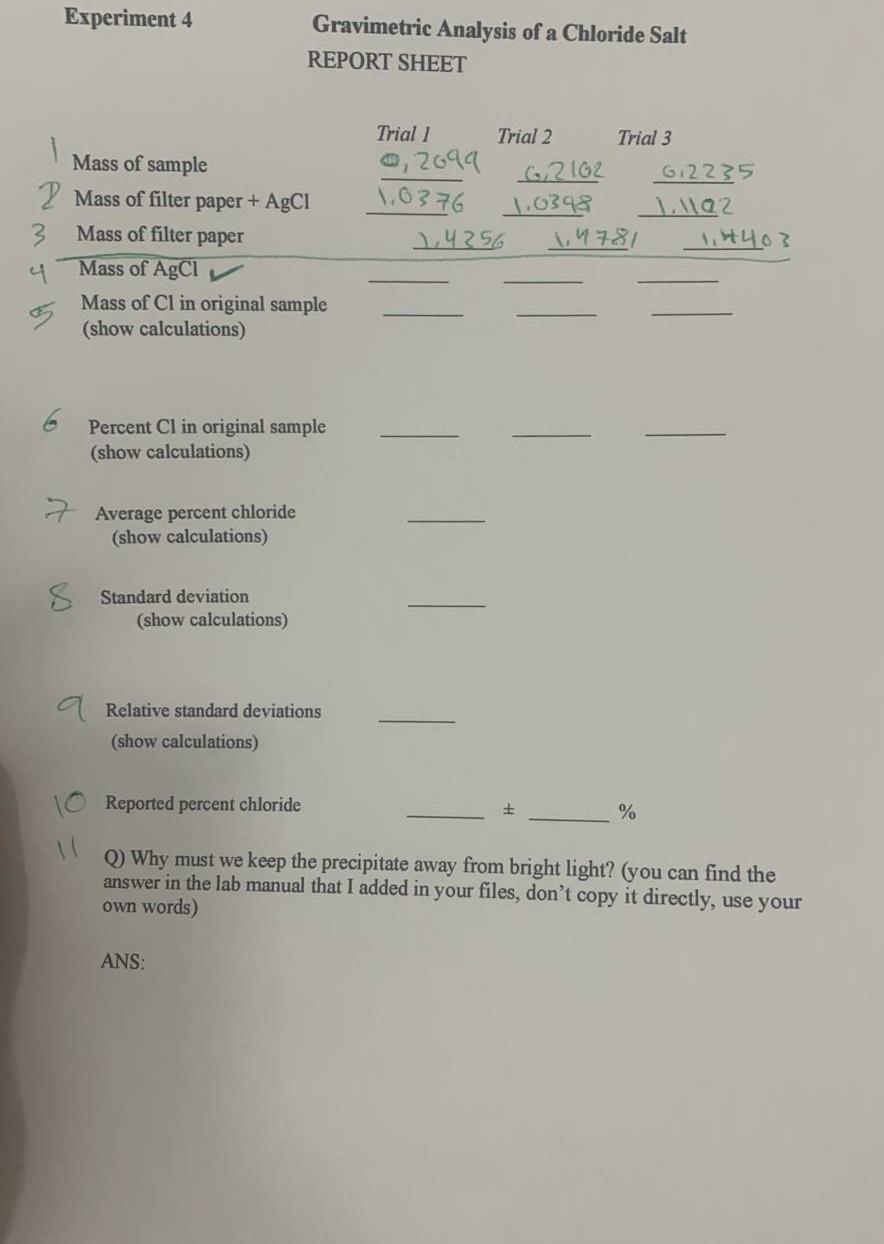 Solved Experiment 4 Gravimetric Analysis of a Chloride Salt | Chegg.com