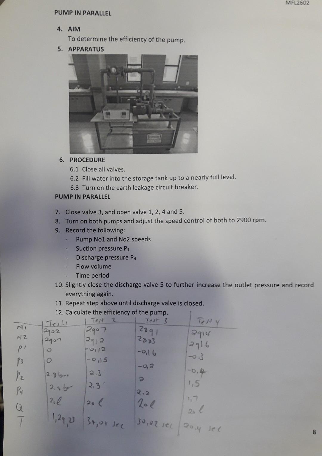 PUMP IN PARALLEL 4. AIM To determine the efficiency | Chegg.com