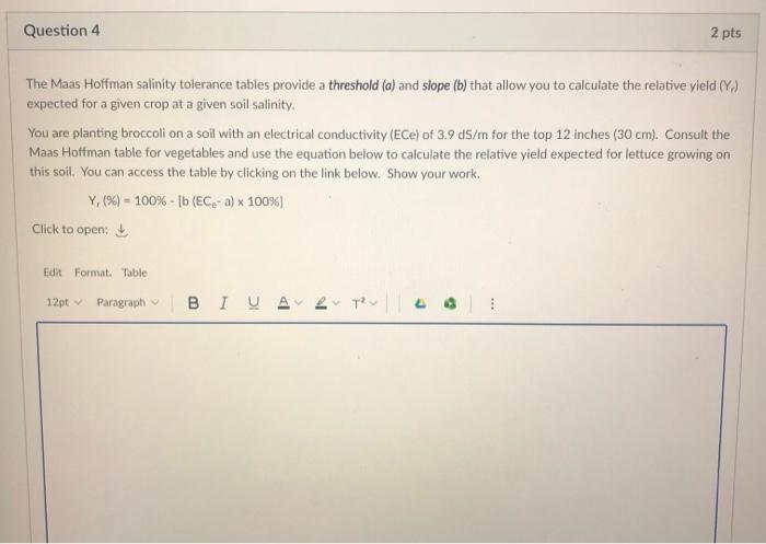 Solved Question 4 2 pts The Maas Hoffman salinity tolerance | Chegg.com