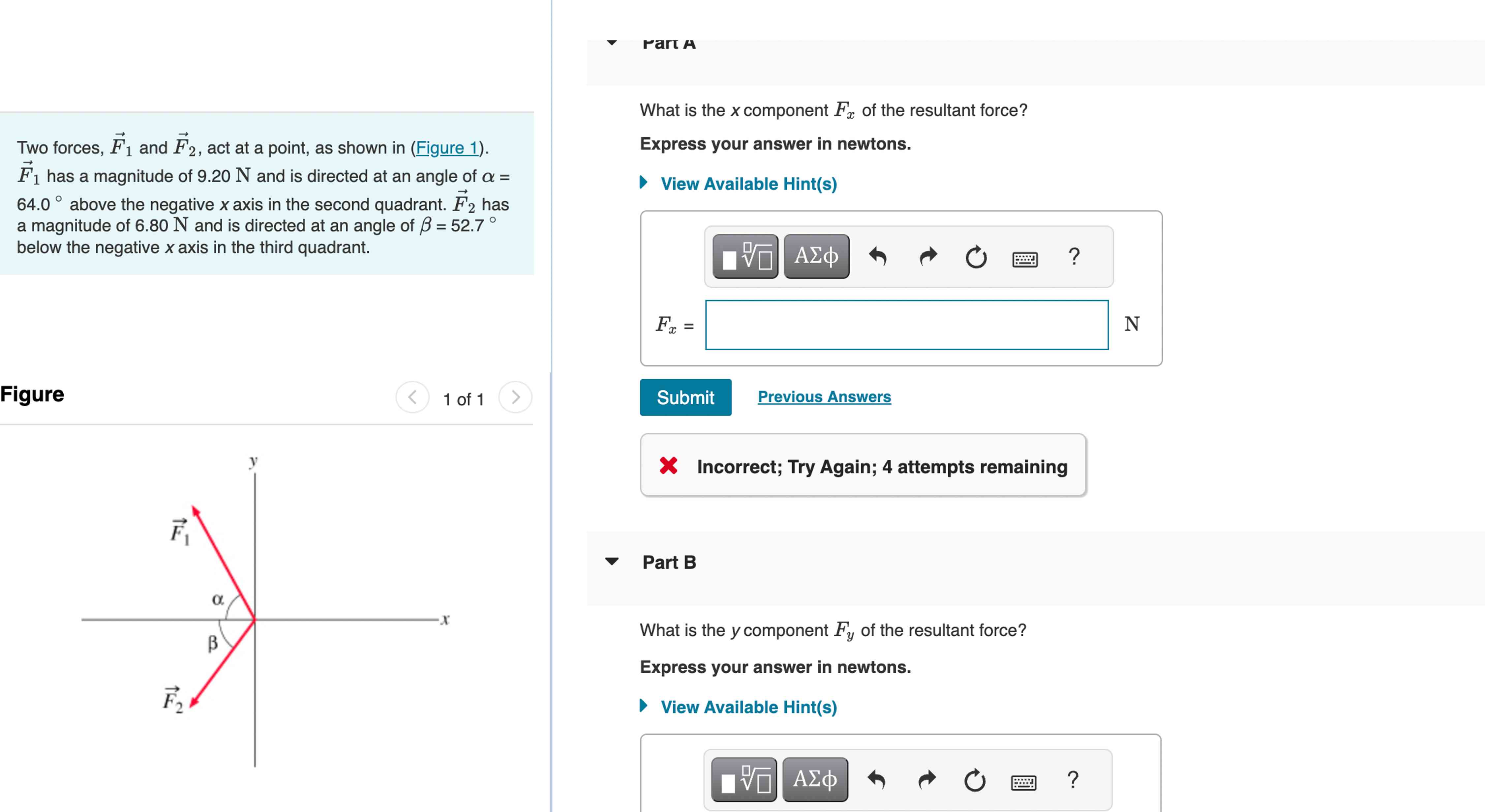 Solved Two forces, vec(F)1 ﻿and vec(F)2, ﻿act at a point, as | Chegg.com