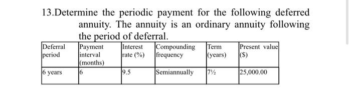 Solved 13.Determine the periodic payment for the following | Chegg.com
