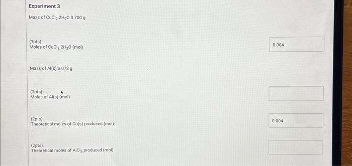 Solved Mass of CuCl2−2H2O⋅0.700 g (1pts) Moles of CuCl2⋅2H2O | Chegg.com