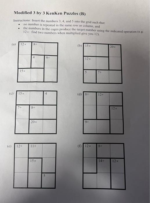 Solved Modified 3 by 3 KenKen Puzzles (B) Instructions: | Chegg.com