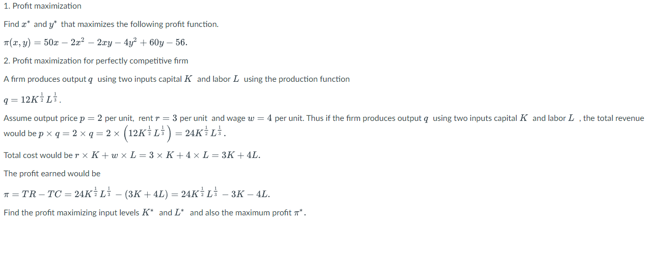 Solved Profit maximizationFind x** ﻿and y** ﻿that maximizes | Chegg.com