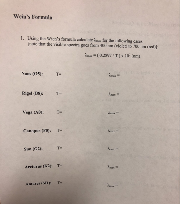 Solved Wein's Formula 1. Using the Wien's formula calculate | Chegg.com