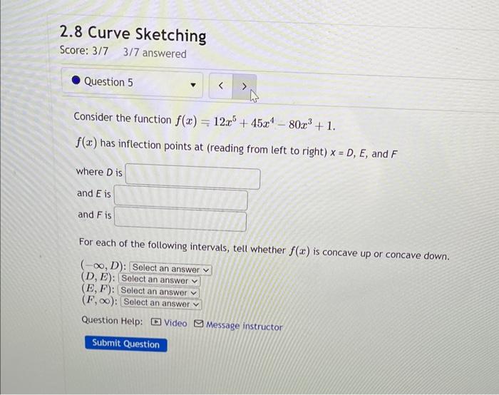 Solved 2.8 Curve Sketching Score: 3/73/7 answered Consider | Chegg.com