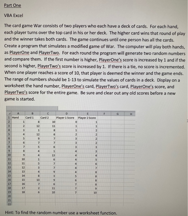 Part One VBA Excel The card game War consists of two | Chegg.com