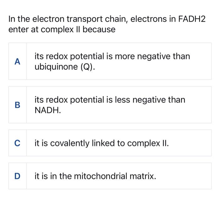 Solved In the electron transport chain, electrons in FADH2 | Chegg.com