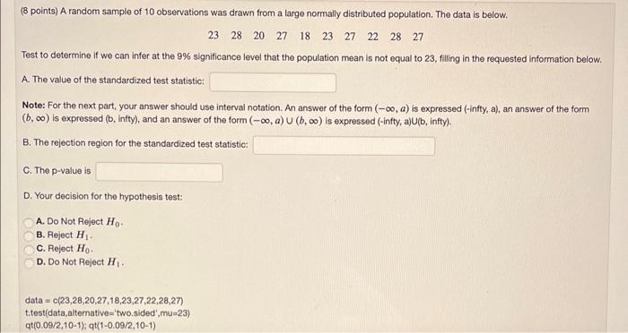 Solved (8 points) A random sample of 10 observations was | Chegg.com