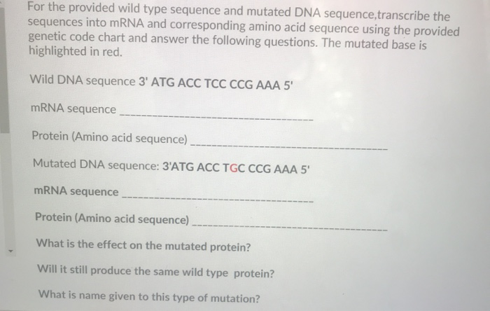 Solved For the provided wild type sequence and mutated DNA | Chegg.com