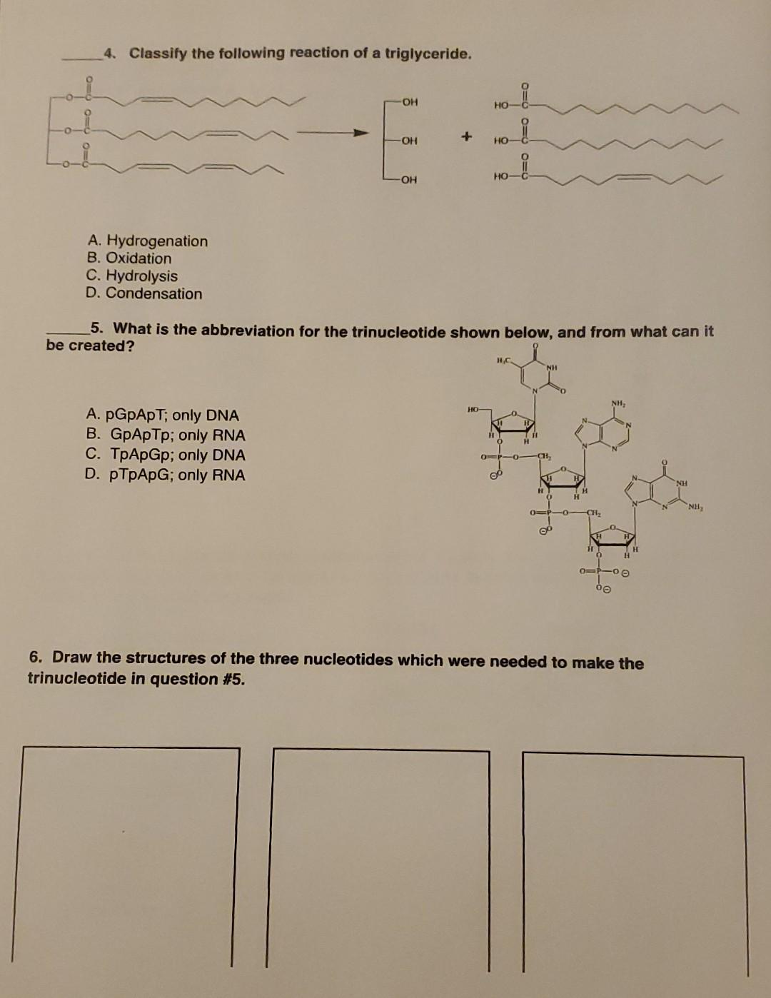 Solved 4. Classify the following reaction of a triglyceride. | Chegg.com