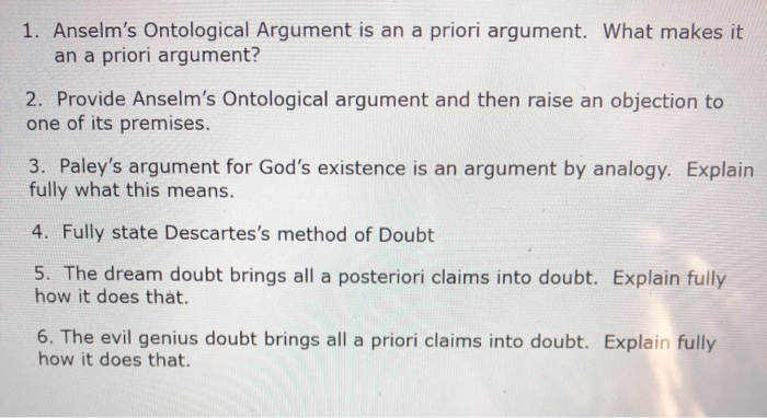 1. Anselm's Ontological Argument is an a priori | Chegg.com