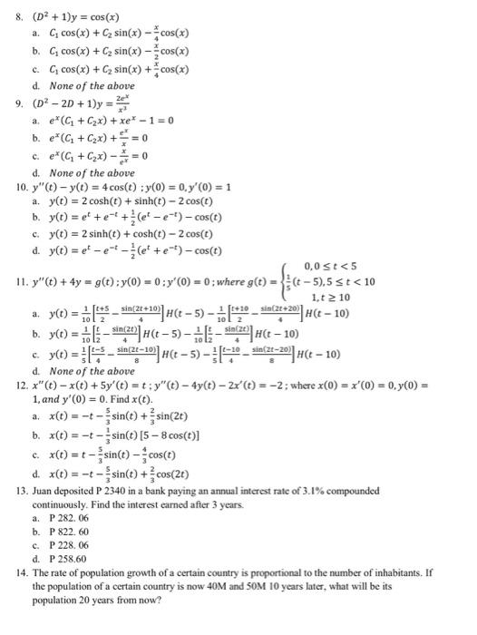 Solved 2e 8. (D? + 1)y = cos(x) a G cos(x) + sin(x) - cos(x) | Chegg.com