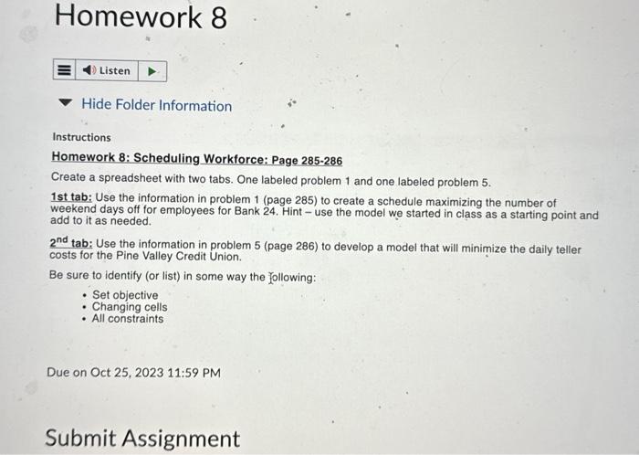 Instructions Homework 8: Scheduling Workforce: Page | Chegg.com