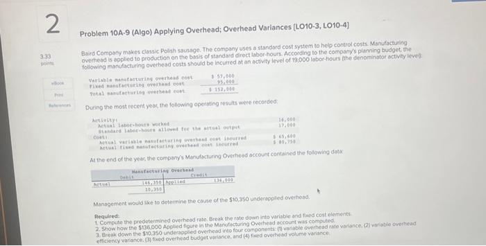 Problem 10A.9 (Algo) Applying Overhead; Overhead | Chegg.com