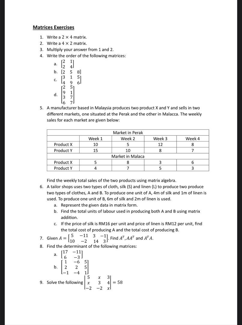 Matrices ExercisesWrite a 2×4 ﻿matrix.Write a 4×2 | Chegg.com