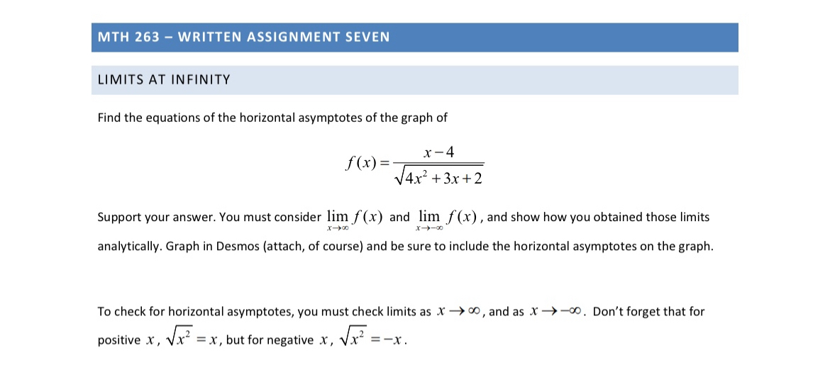 Solved MTH 263 - ﻿WRITTEN ASSIGNMENT SEVENLIMITS AT | Chegg.com