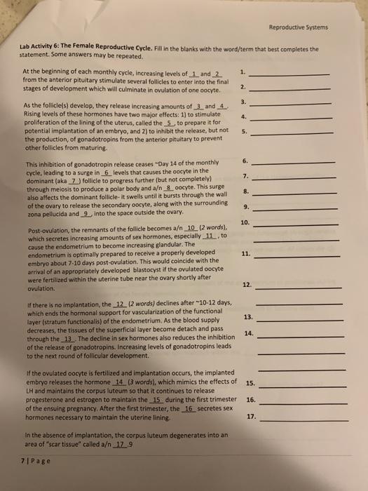 Solved Reproductive Systems Lab Activity 6: The Female | Chegg.com