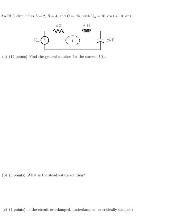 Solved An RLC circuit has L=2,R=4, and C=.25, with Vin | Chegg.com