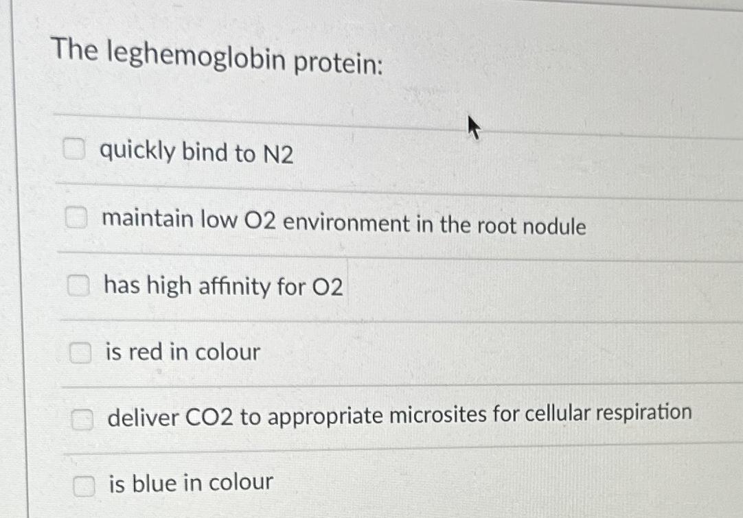 Solved The leghemoglobin protein:quickly bind to N2maintain | Chegg.com