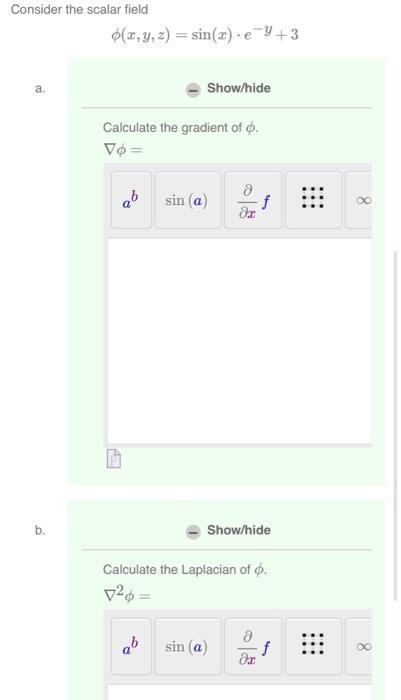 Solved Consider the scalar field p(x, y, z) = sin(x)-e-Y+3 | Chegg.com